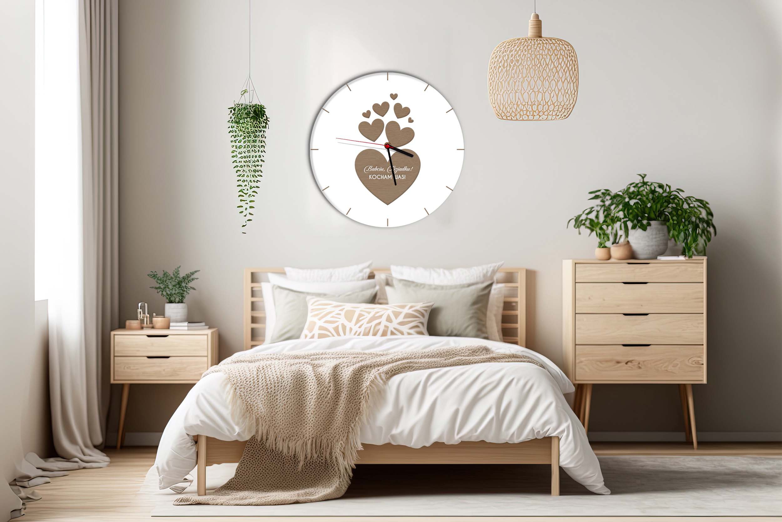 Grawerowany zegar z białej płyty HDF dla dziadków Kocham Was z sercami ...