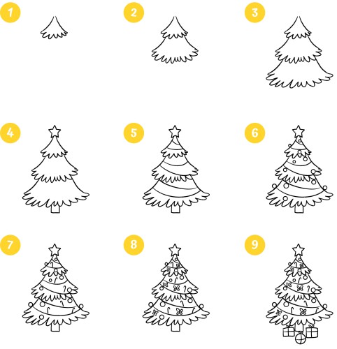 Ozdobiona choinka z prezentami - instrukcja rysowania dla dzieci krok ...